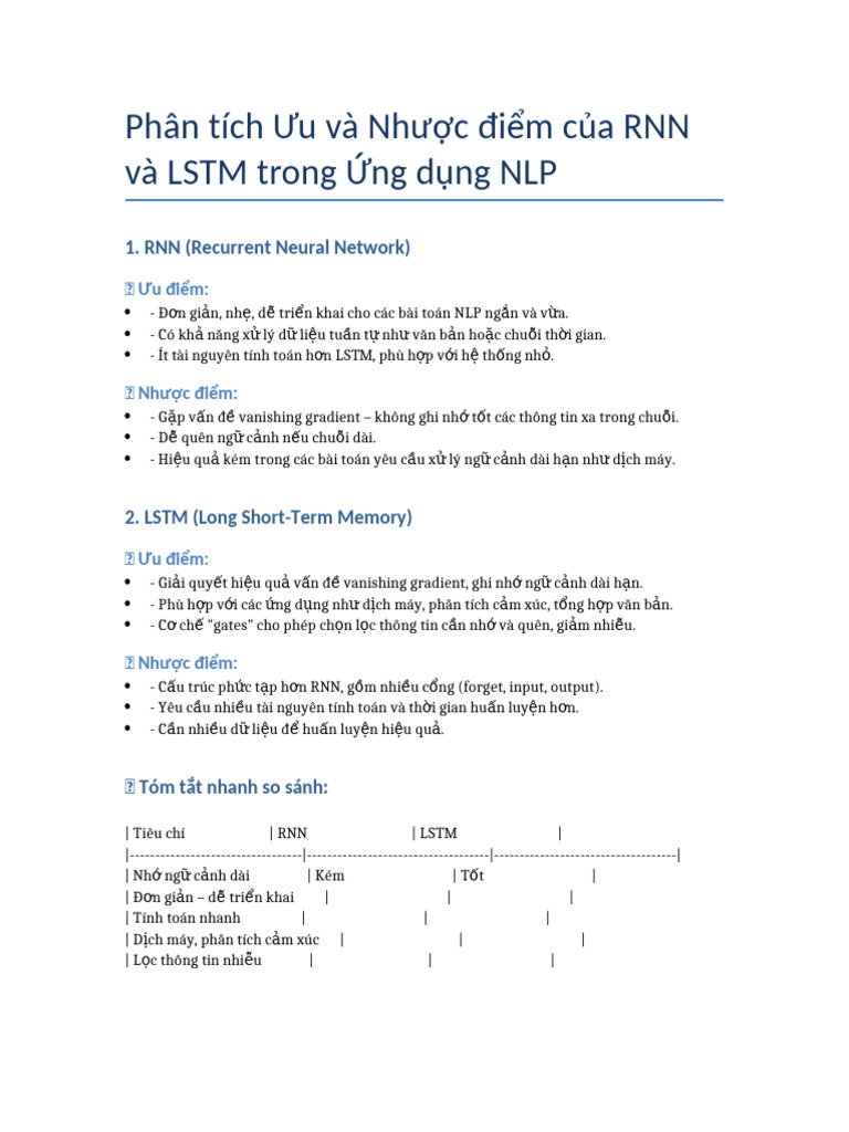 Phan Tich Uu Nhuoc RNN LSTM NLP | PDF