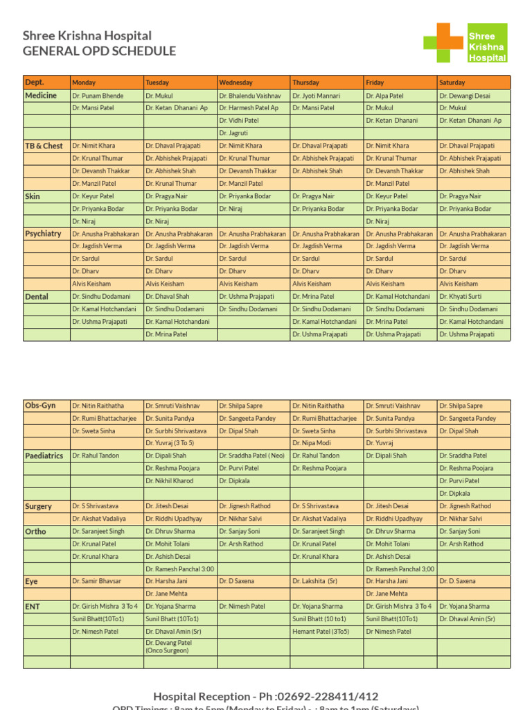 Shree Krishna Hospital OPD Schedule | PDF