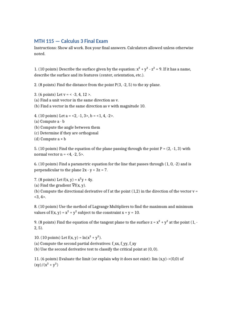 Calculus 3 Final Exam Practice | PDF | Mathematical Analysis | Calculus