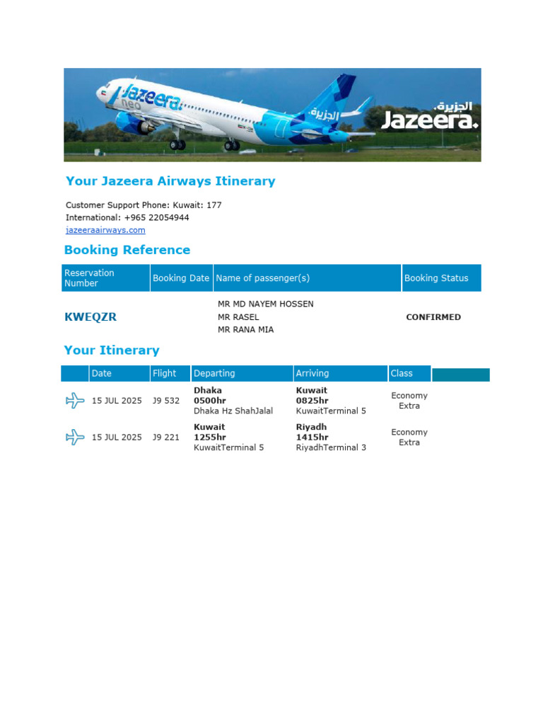 Jazeera Airways Itinerary for J9 532 | PDF
