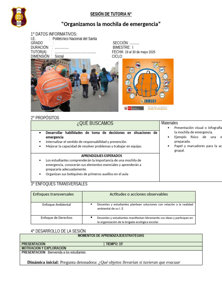 SESION Mochila de Emergencia | PDF | Enseñando | Aprendizaje
