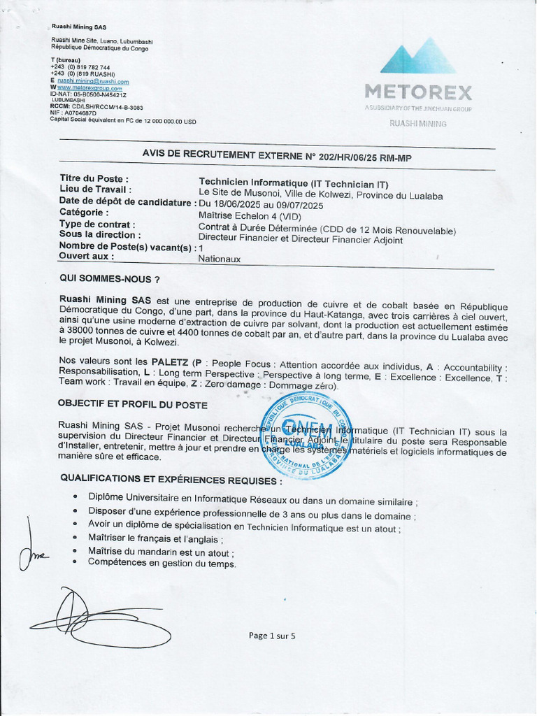 Ruashi Mining - Projet Musonoi - Avis de Recrutement - IT Technician IT | PDF