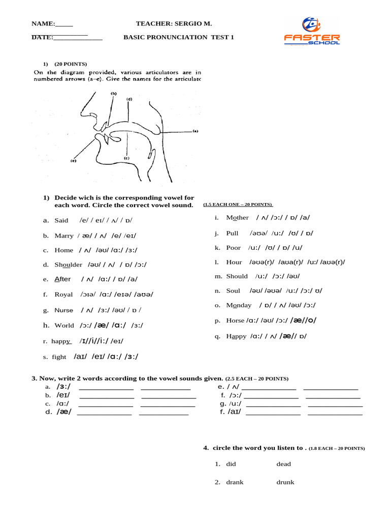 Phonetics Test - Vowels | PDF