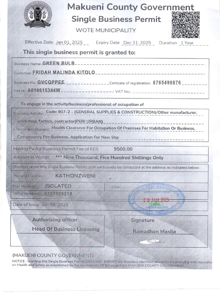 Makueni County Business Permit | PDF