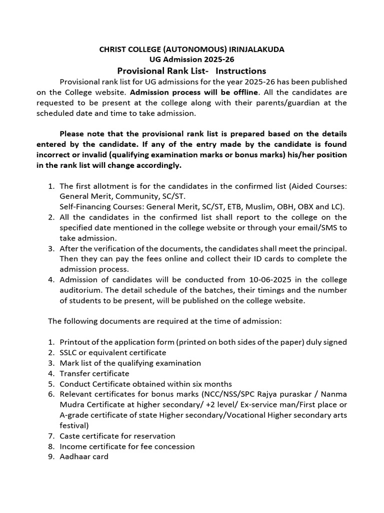 Christ College Irinjalakuda UG Rank List 2025 | PDF
