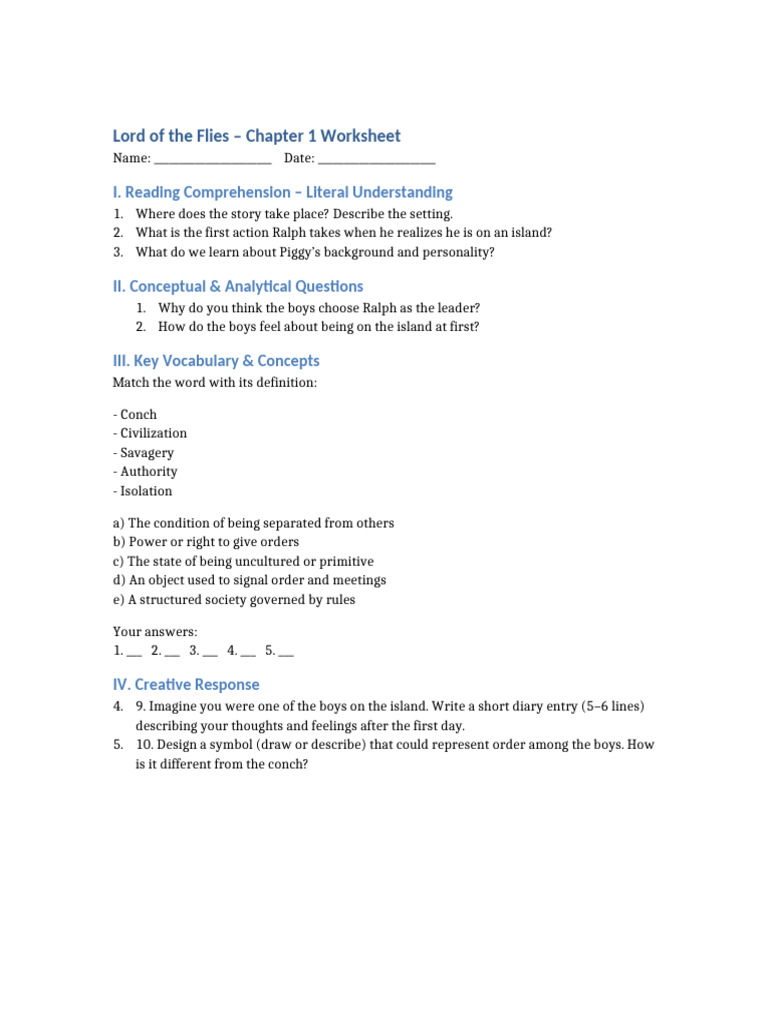Lord of The Flies Chapter 1 Worksheet | PDF
