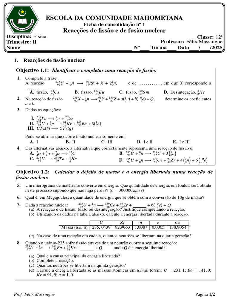 ECM - 12 Classe - Ficha de Consolidação - Nº1 - 2025 | PDF | Núcleo ...
