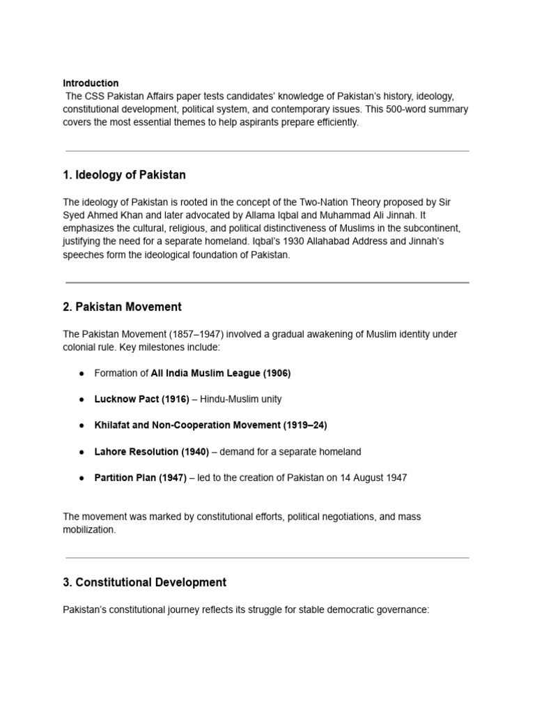 CSS Pakistan Affairs Notes - 2025 Edition Class Notes | PDF | Pakistan ...