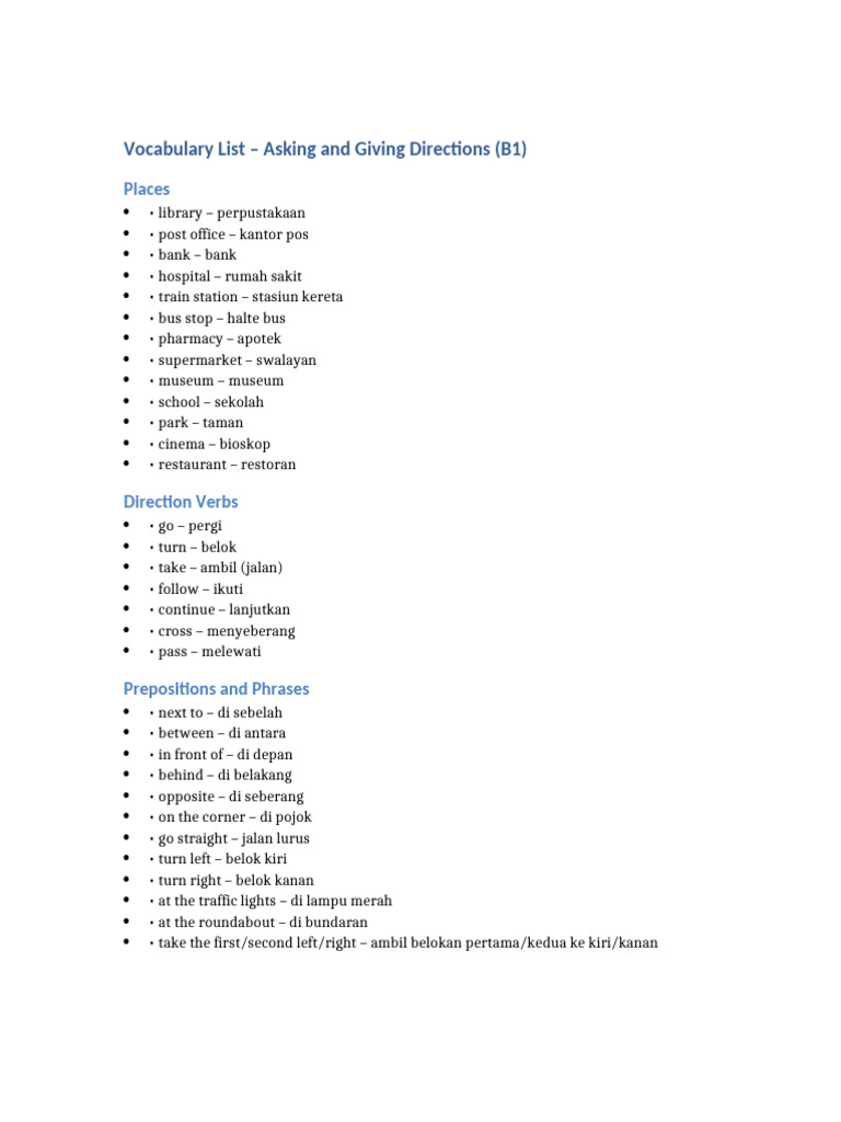 Vocabulary for Giving Directions B1 | PDF