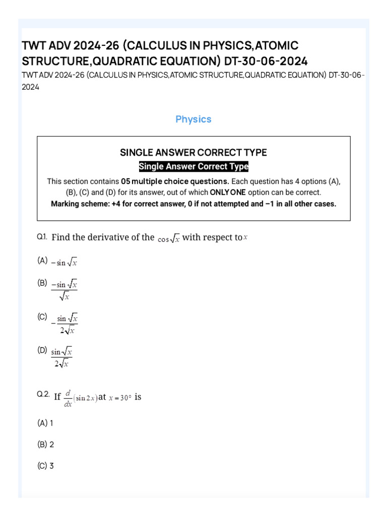 Calculus, Atomic Structure, Quadratic Equation TWT Advanced | PDF ...