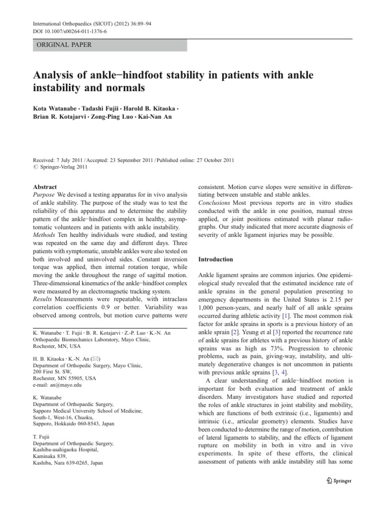 Analysis of Ankle-Hindfoot Stability in Patients With Ankle Instability ...