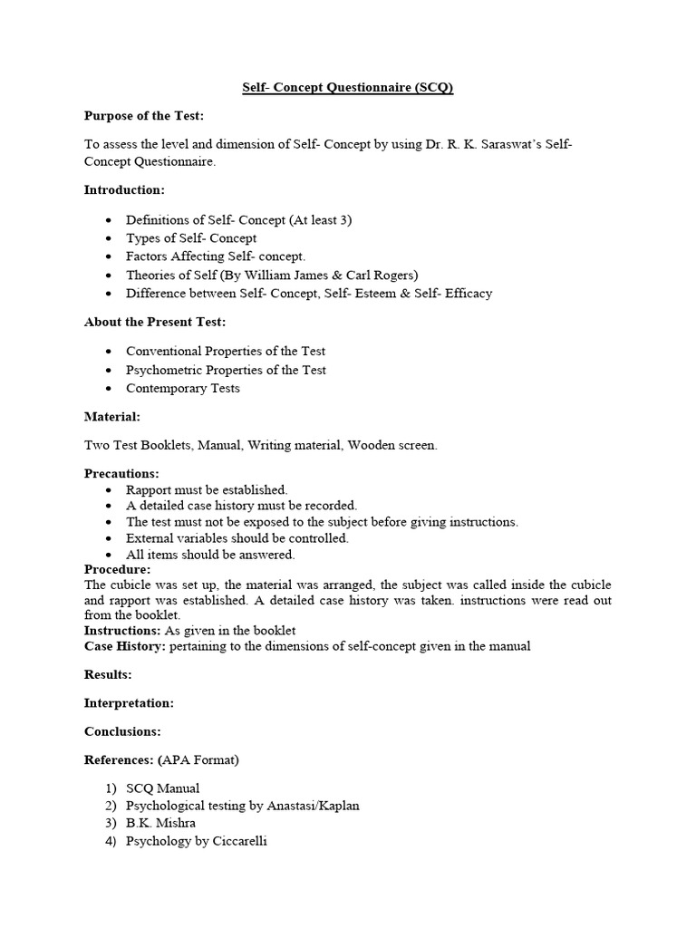 Self-Concept Questionnaire Overview | PDF