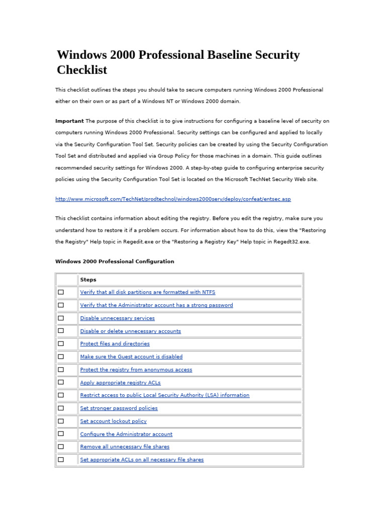 Windows 2000 Professional Baseline Security Checklist | PDF | Windows ...
