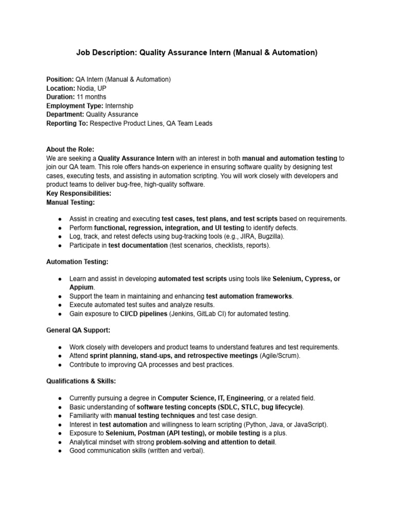 QA Intern Job Description: Manual & Automation | PDF | Agile Software ...