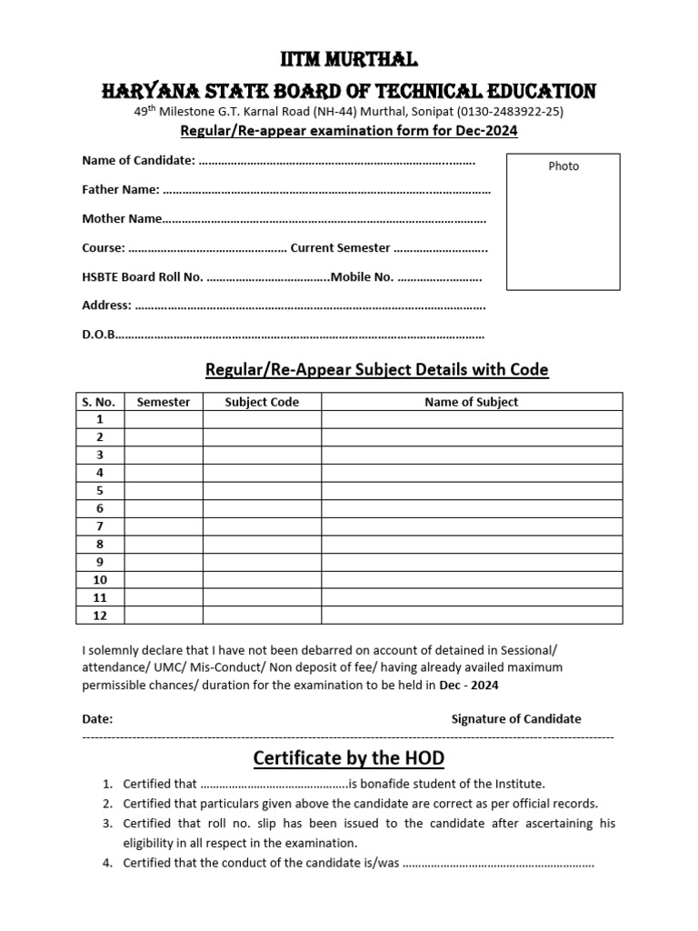 PCA Form Regular & Re-Appear | PDF