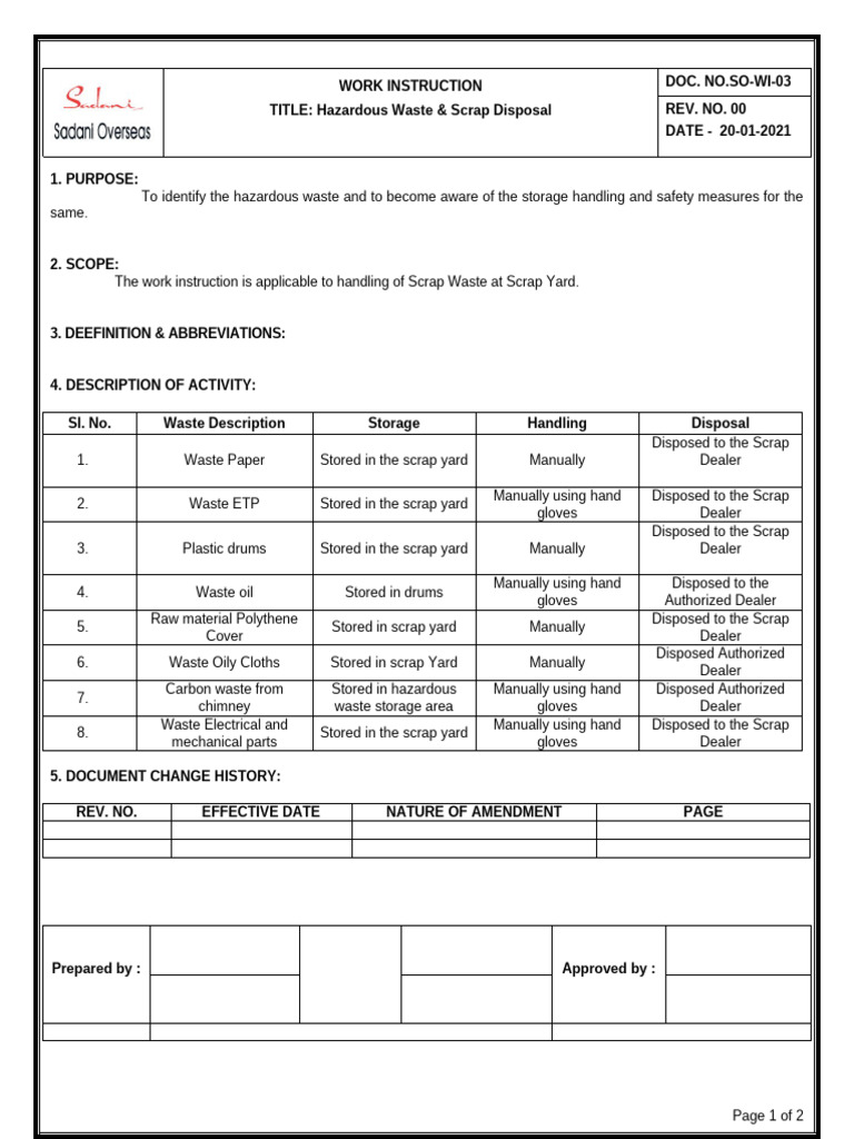 SO-WI-03 Work Instruction For Hazardous Waste Scrap Disposal L | PDF ...