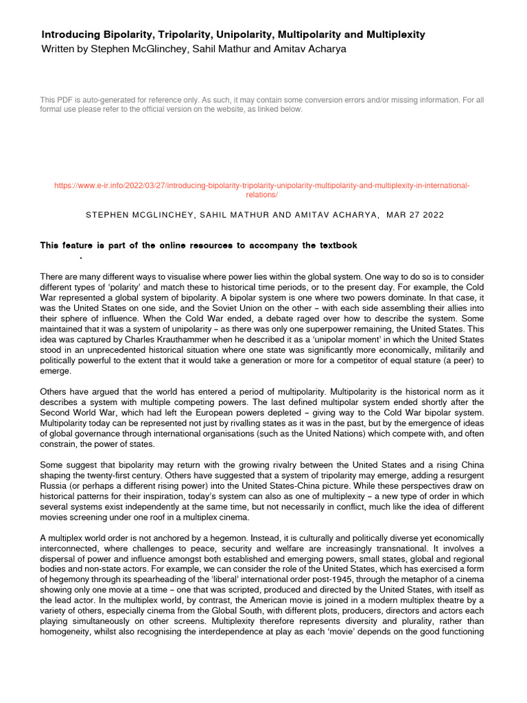Introducing Bipolarity Tripolarity Unipolarity Multipolarity and ...