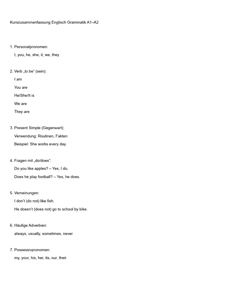 Englisch Grammatik A1-A2 | PDF