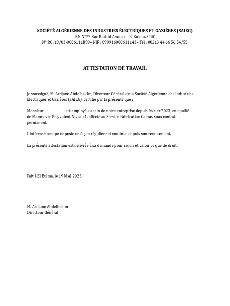 Attestation de travail SAIEG 2025 | PDF
