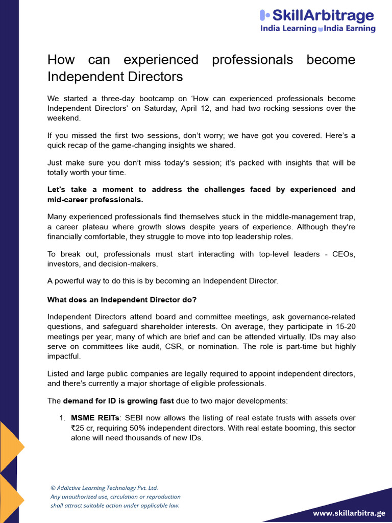 Recap Day 1 & 2 - How Can Experienced Professionals Become Independent ...