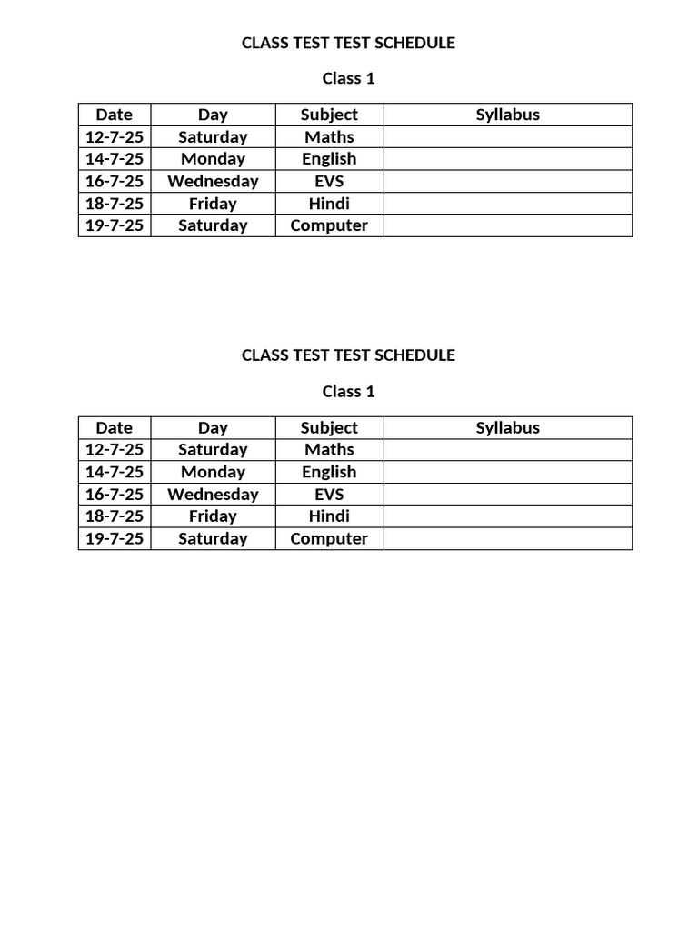 Class Test Test Schedule | PDF