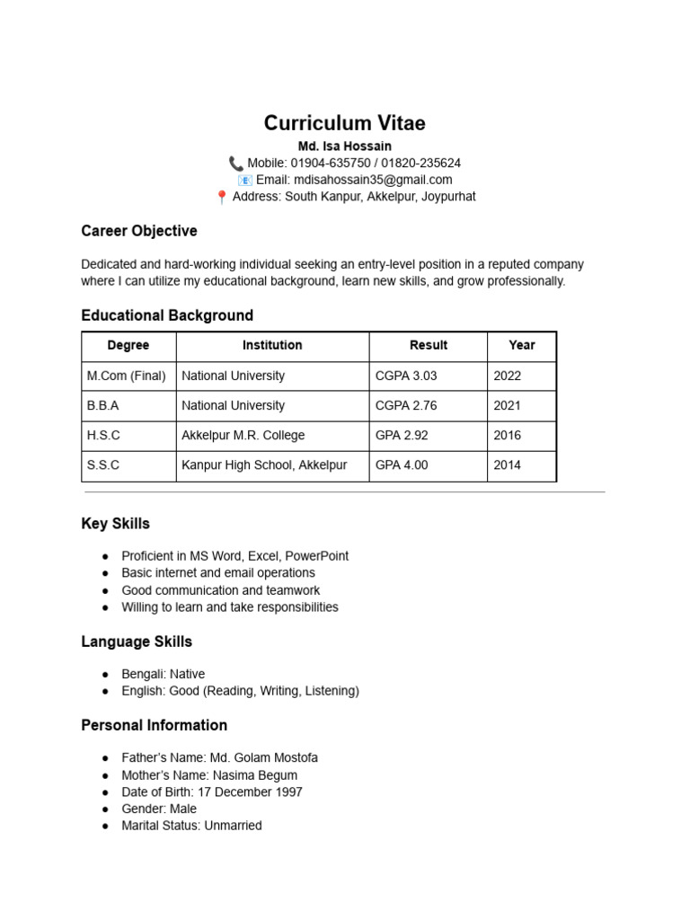 Isa Hossain Curriculum Vitae | PDF