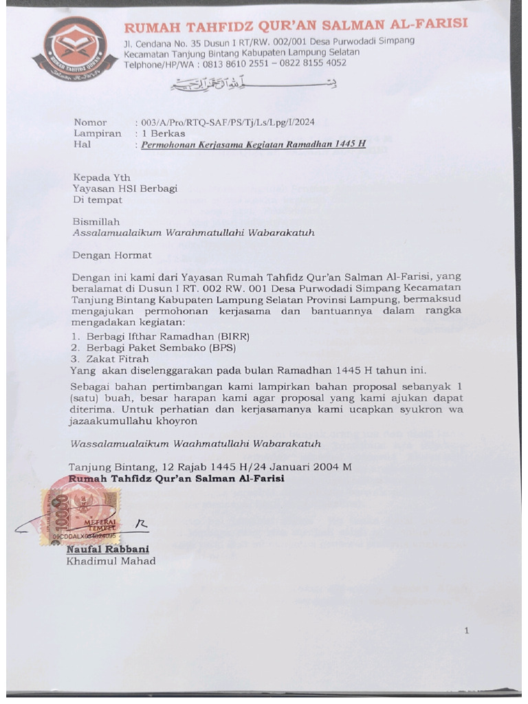 Proposal Ramadhan HSI 1445 H | PDF