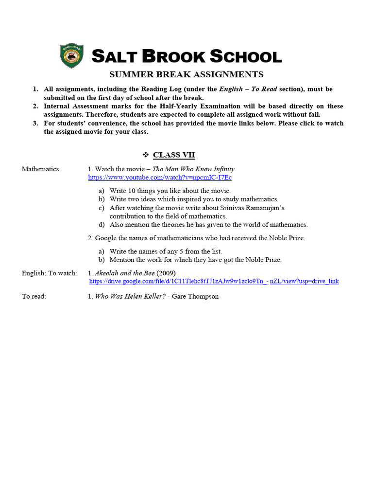 June Summer Break Assignments 2025 Class VII | PDF