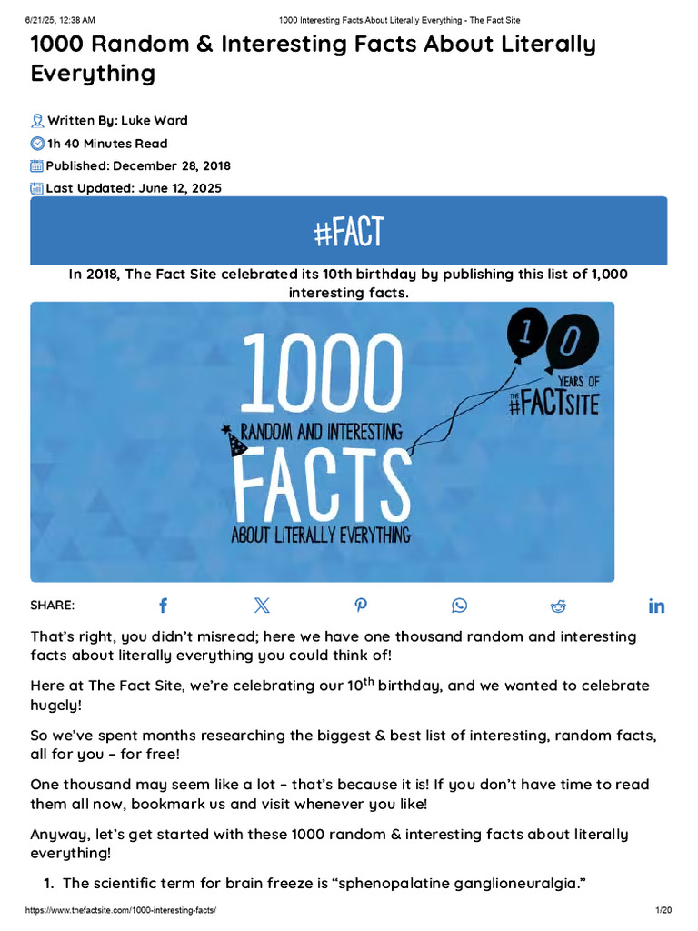 1000 Interesting Facts About Literally Everything - The Fact Site | PDF