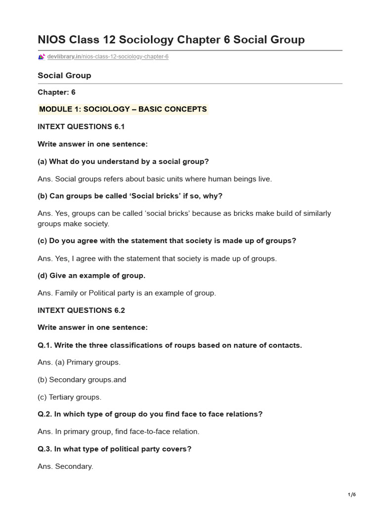 NIOS Class 12 Sociology Chapter 6 Social Group | PDF | Social Status ...
