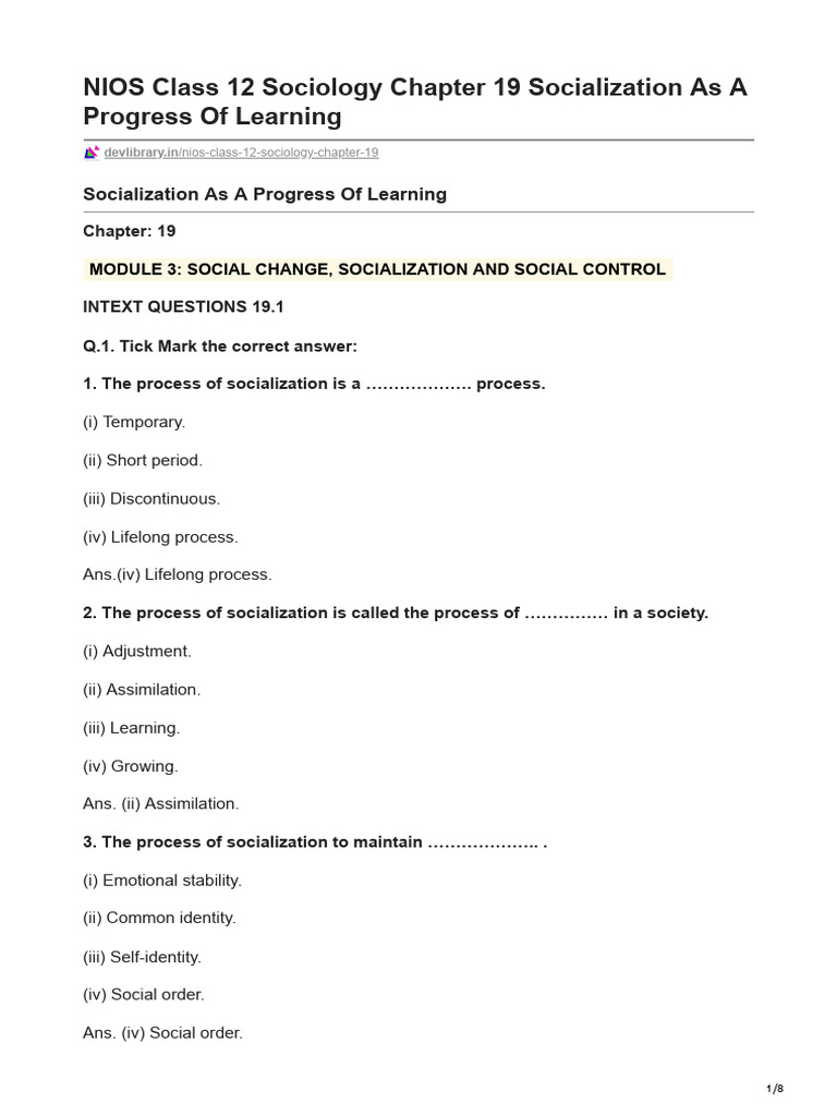 Devlibrary - in-nIOS Class 12 Sociology Chapter 19 Socialization As A Progress of Learning | PDF ...