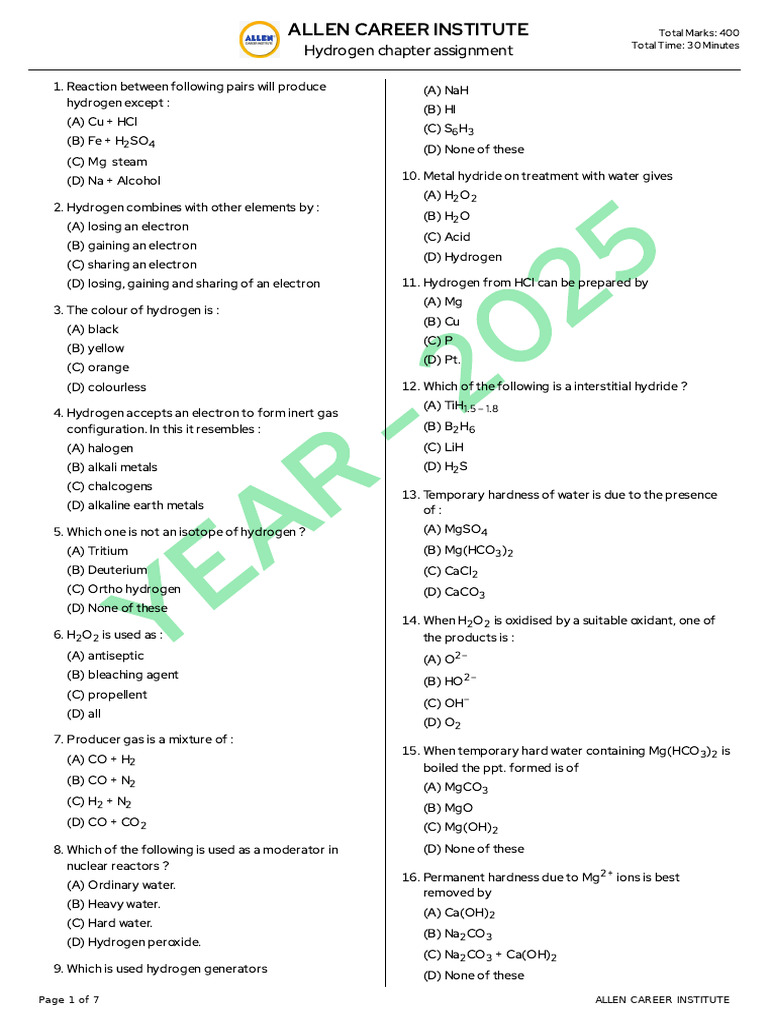 Hydrogen chapter assignment | PDF | Hydrogen | Hydroxide
