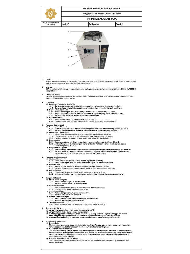 FINAL SOP MESIN & DEMONSTRASI PRODUK TA - Chiller CLT-2000 | PDF