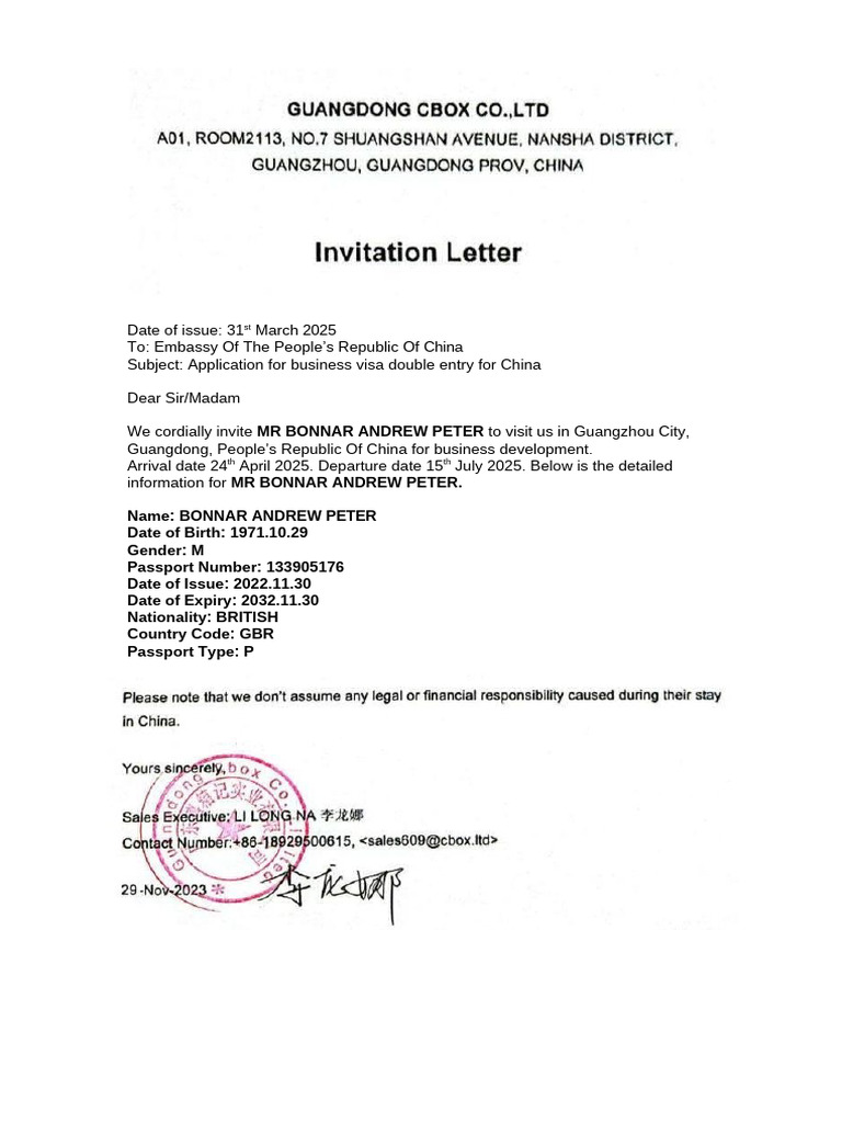 Andrew Peter Bonnar Invitation Letter | PDF
