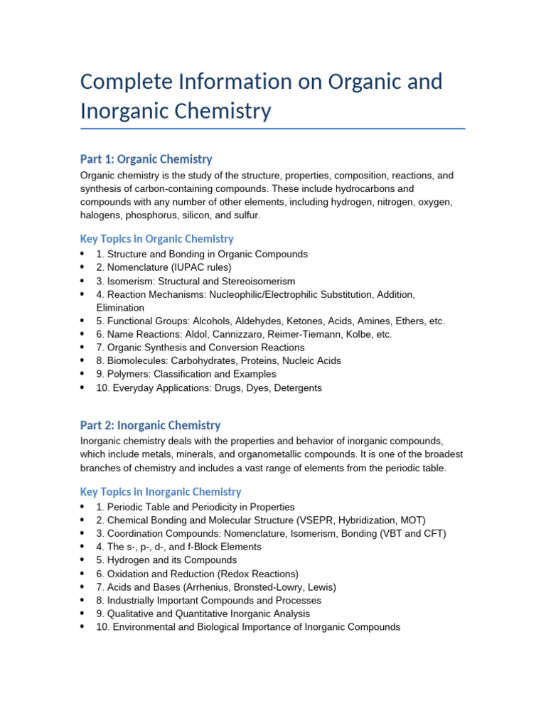 Organic and Inorganic Chemistry Overview | PDF