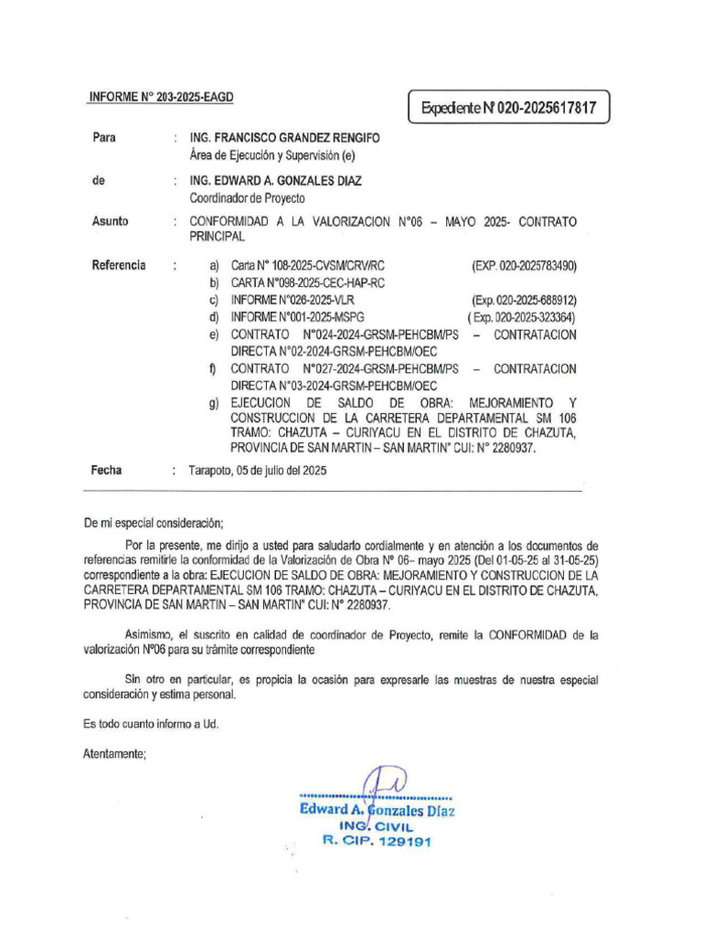 INF, 203 CONFORMIDAD A LA VALORACION N 06 DEL CONTRATO PRINCIPAL - Compressed (1) - Compressed | PDF