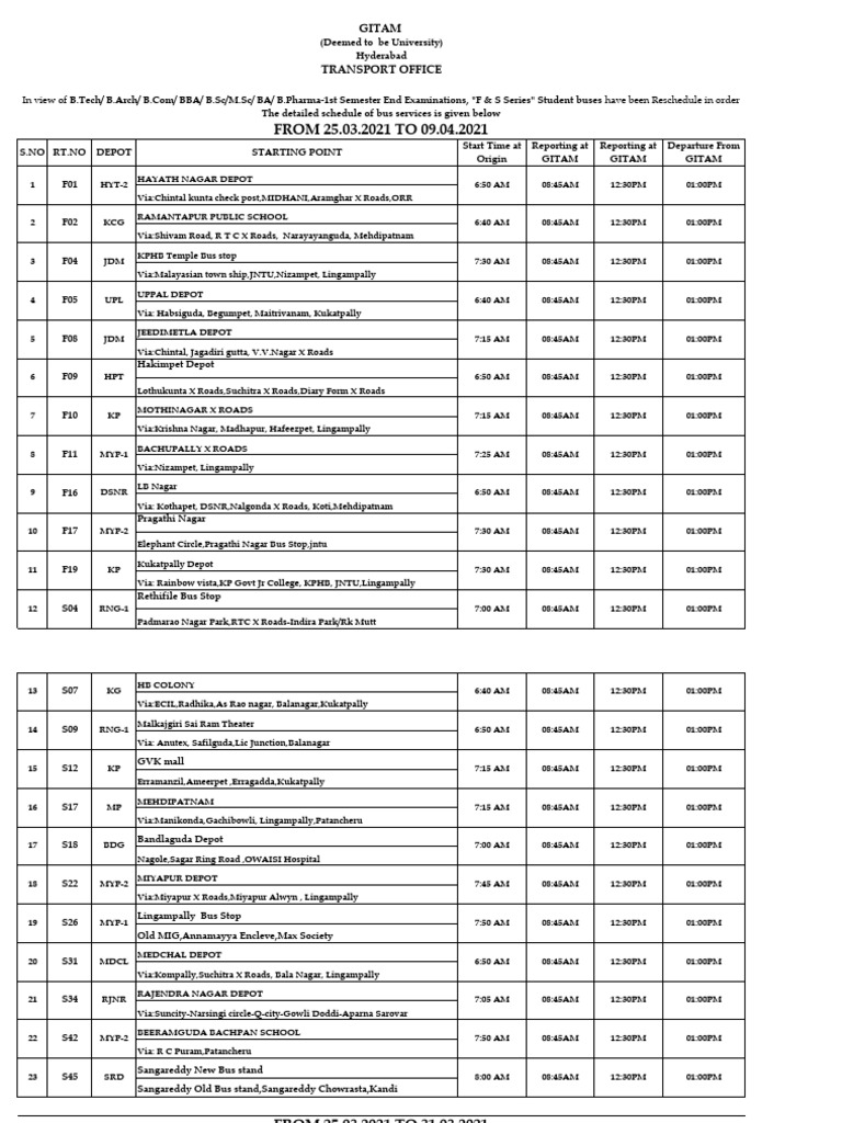 TSRTC Gitam Buses Exams Schedule 3 | PDF | Bus Transport | Transport
