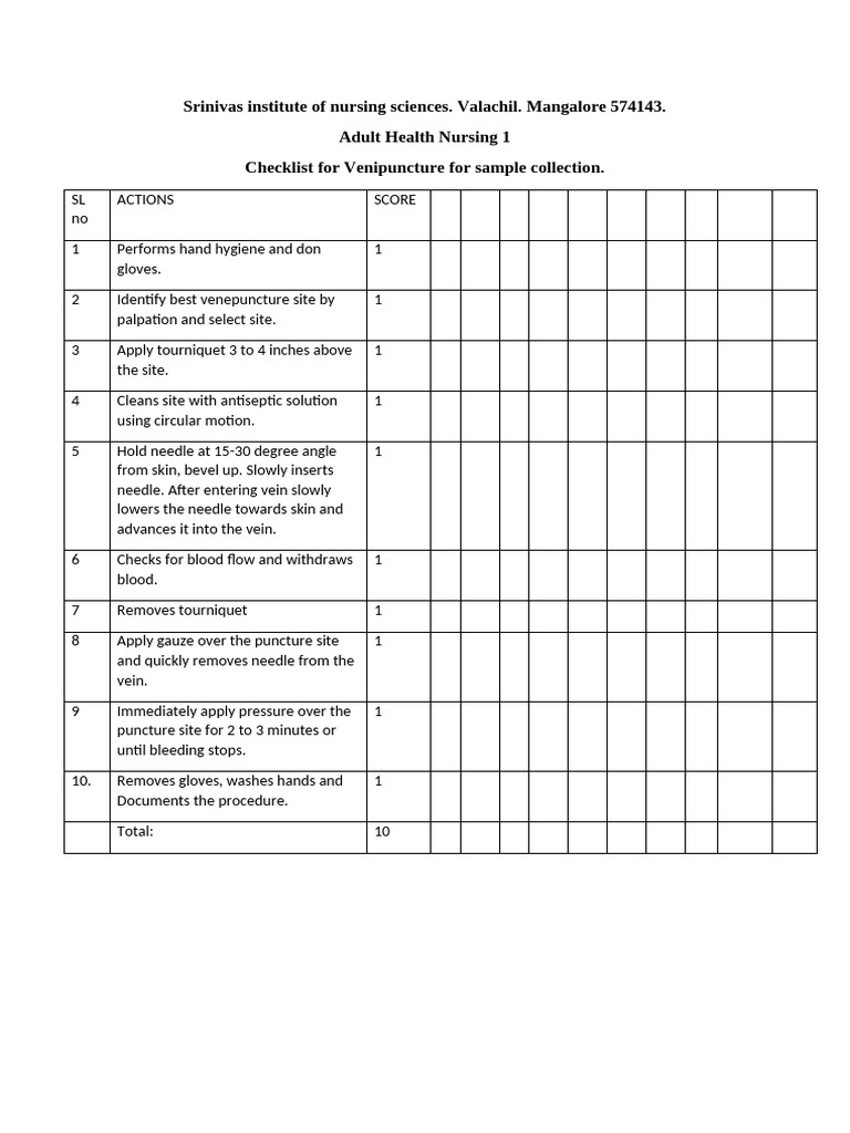 CHECKLIst For Venipuncture.-1 | PDF