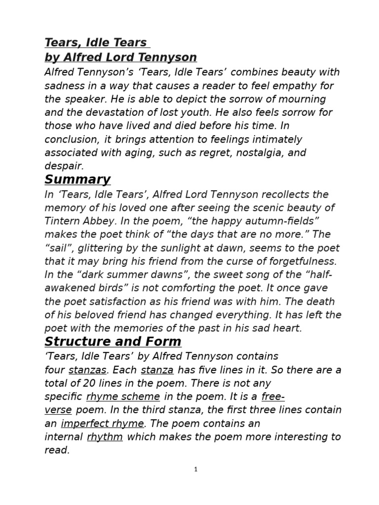 Tears Idle Tears by Alfred Lord Tennyson Concised | PDF | Poetry