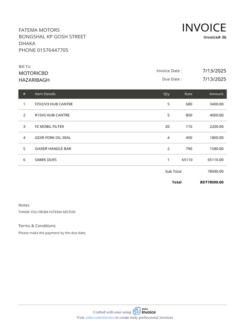 Invoice: Fatema Motors Bongshal KP Gosh Street Dhaka PHONE 01576447705 ...