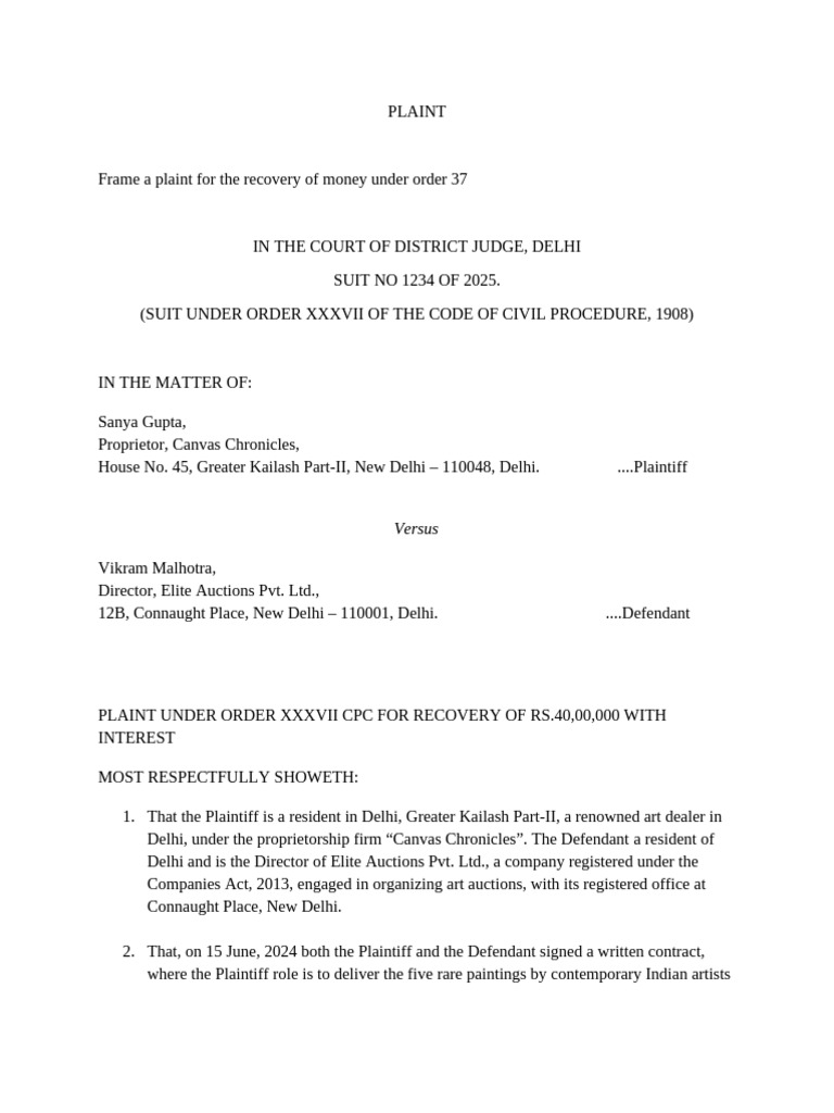 Frame A Plaint For The Recovery of Money Under Order 37-2 | PDF ...