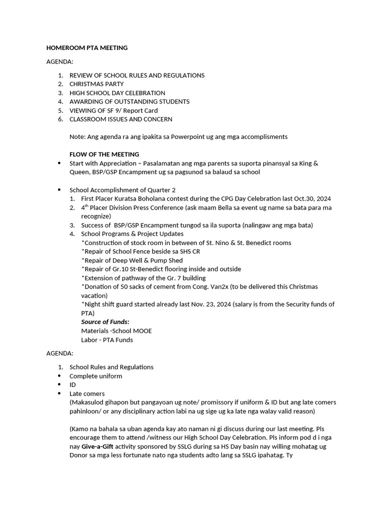 Homeroom Pta Meeting Agenda | PDF