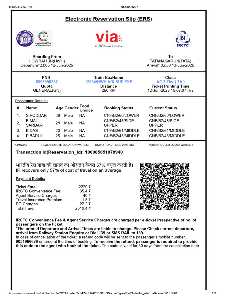 Electronic Reservation Slip (ERS) : 6553996237 12834/Hwh Adi Suf Exp AC ...