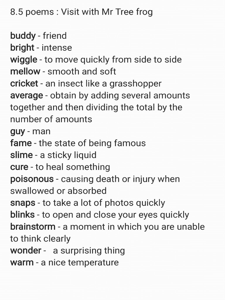 MR Tree Frog Poem Difficult Word List | PDF