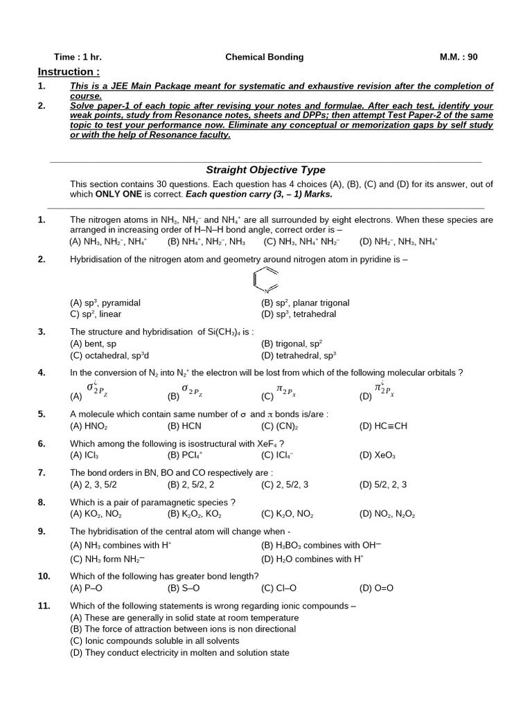 JEE Main Chemical Bonding Revision Test | PDF | Chemical Bond ...