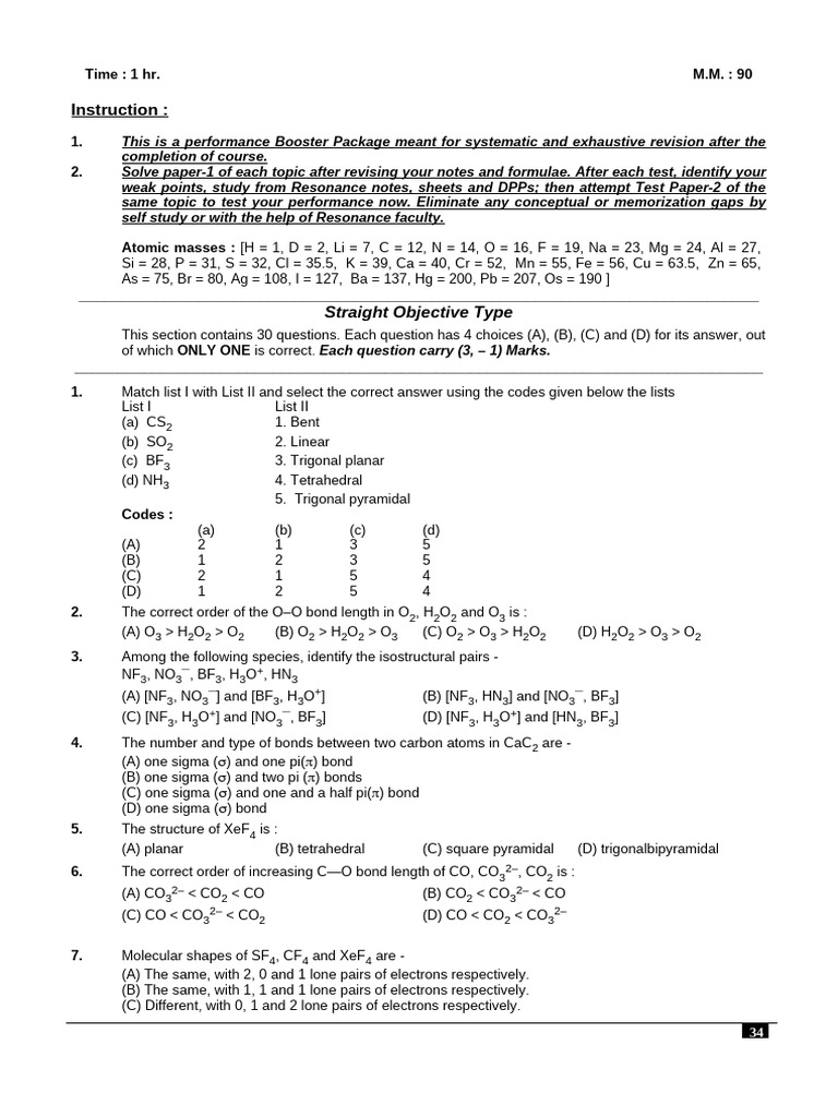 Chemical Bonding Test Paper-3 | PDF | Chemical Bond | Chemical Polarity