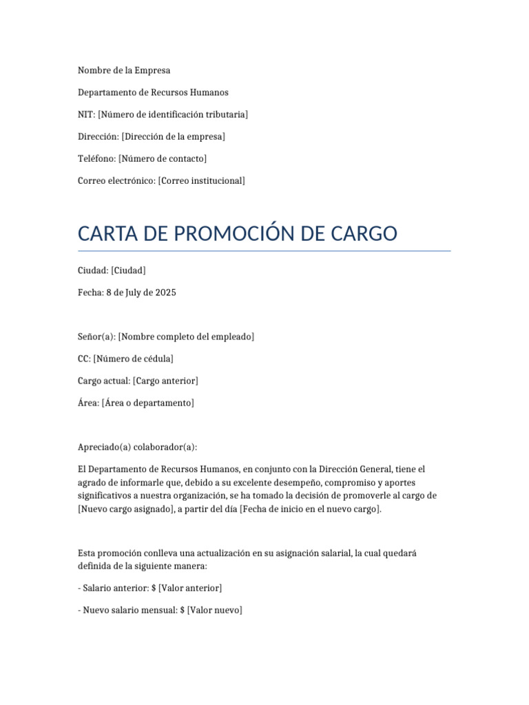 Carta de Promoción de Cargo Laboral | PDF