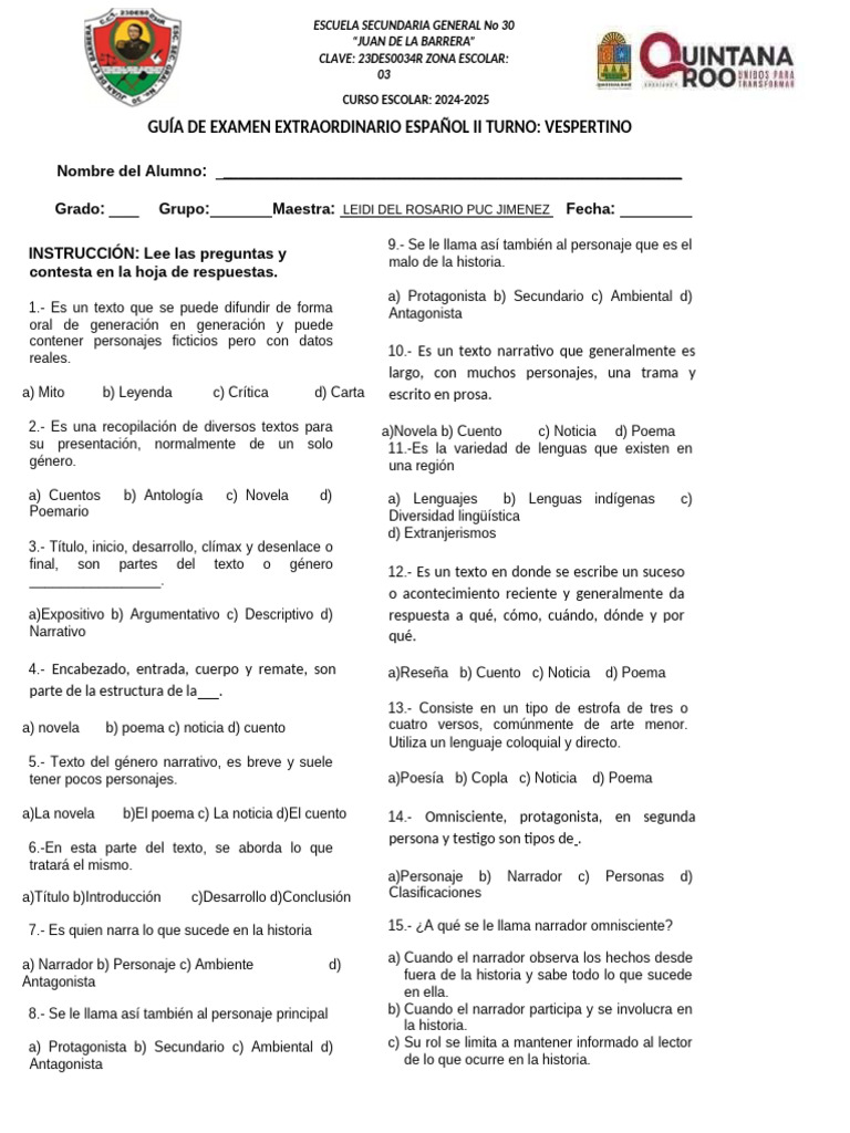 Guía Examen Español II Secundaria 2025 | PDF | Narración | Poesía