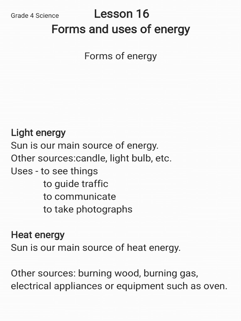 Grade 4 Lesson 16 Forms of Energy | PDF