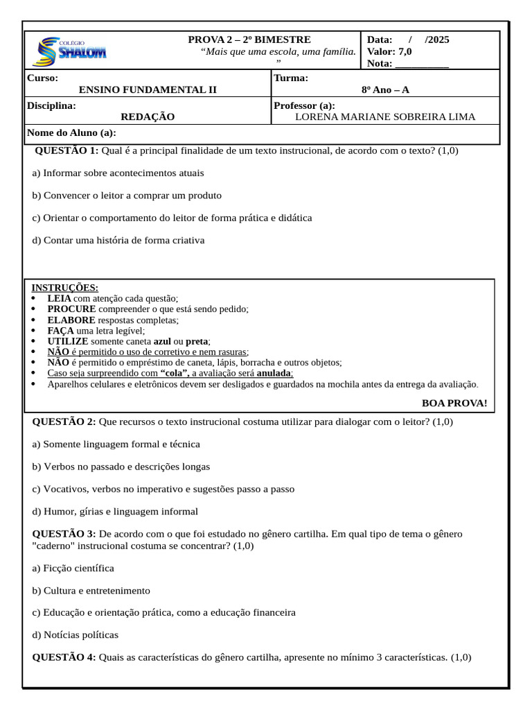 Prova - P2 - 2ºb 8º Ano | PDF